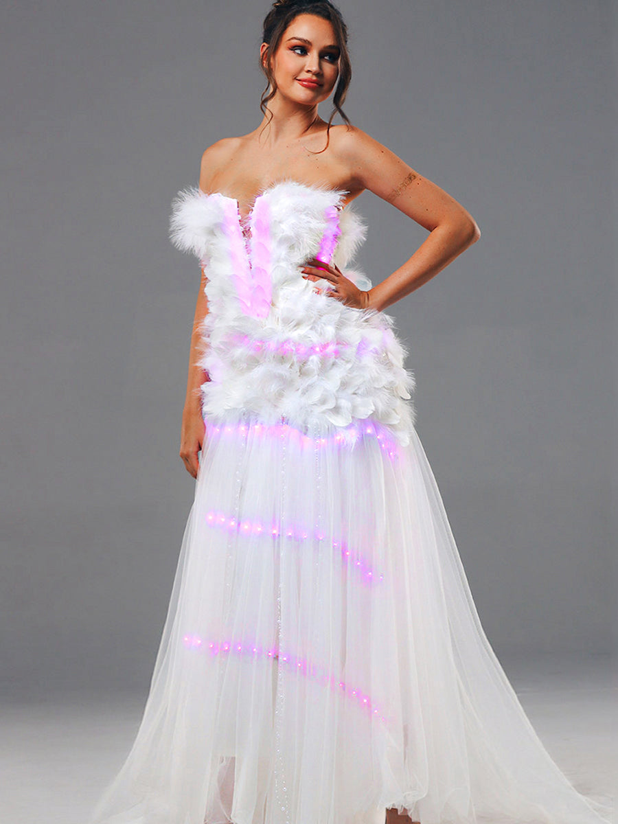 2024 Strapless A Line Wedding Dress-Lights Up Feather Gowns – BRIDALVENUS