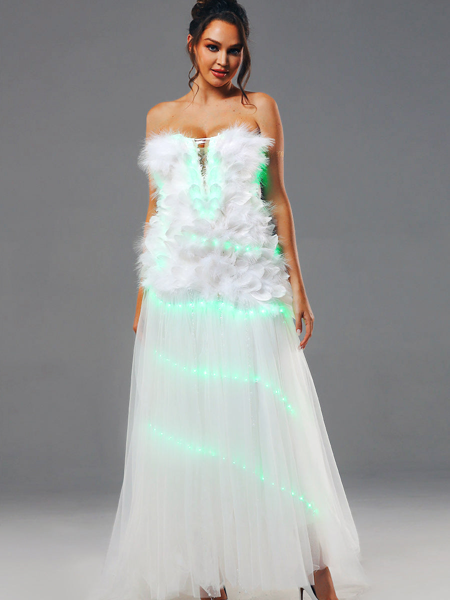 2024 Strapless A Line Wedding Dress-Lights Up Feather Gowns – BRIDALVENUS